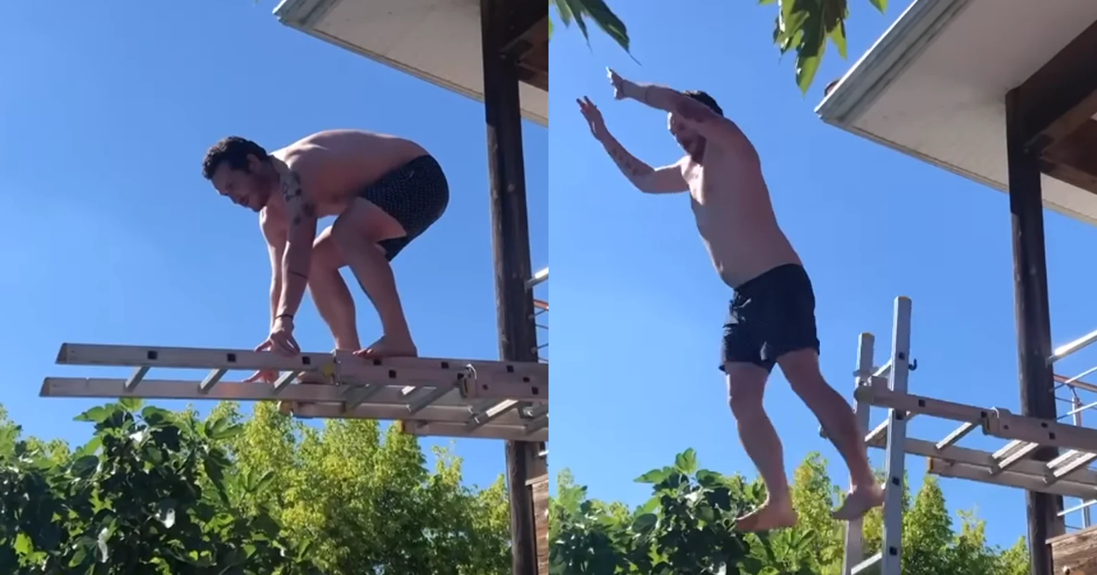 Man wil vanop ladder in zwembad springen. Maar dan? WOOPS! (fails) - Zita