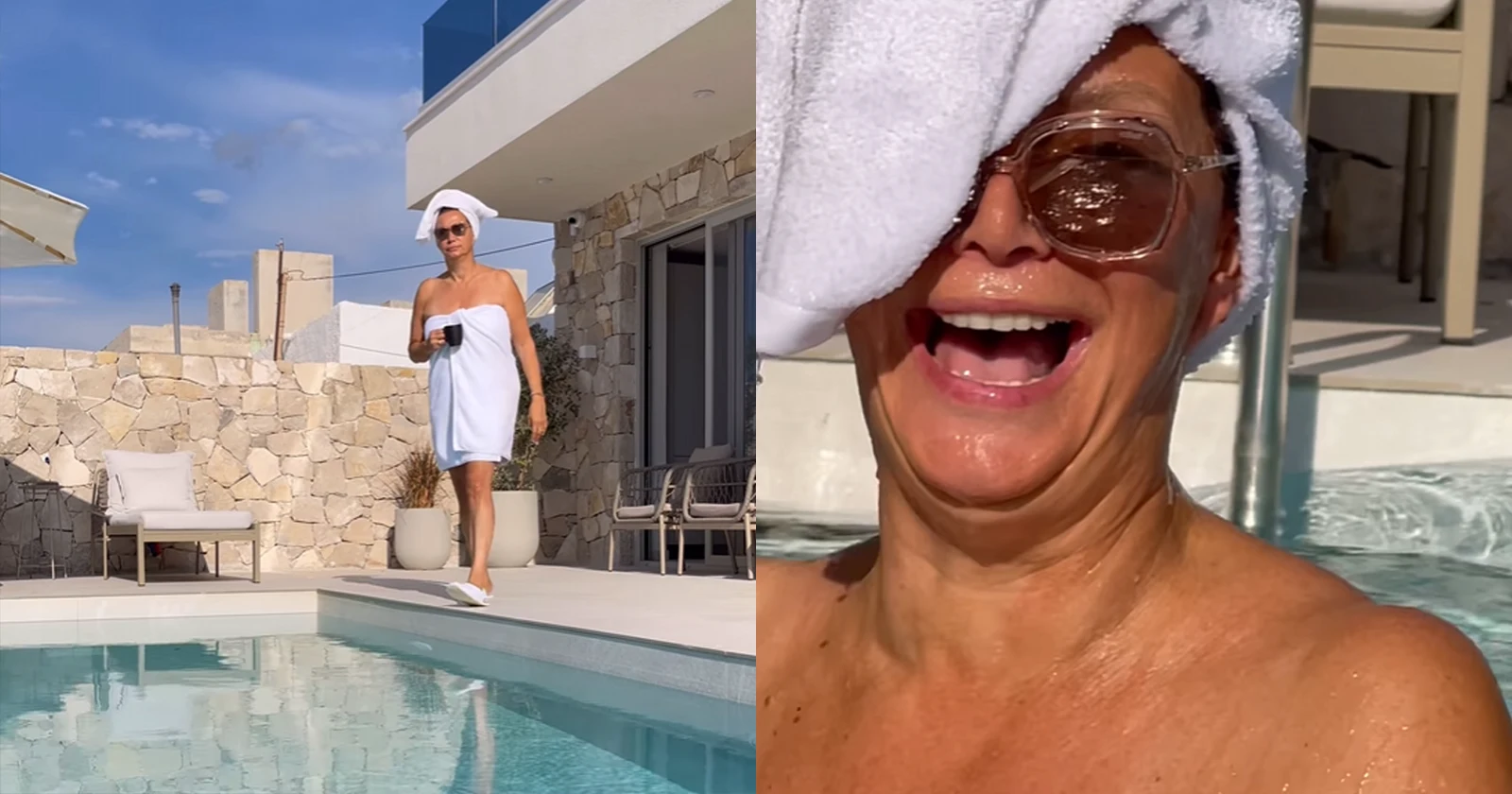 Martine Prenen stapt met enkel een handdoek om haar lijf het zwembad in ...